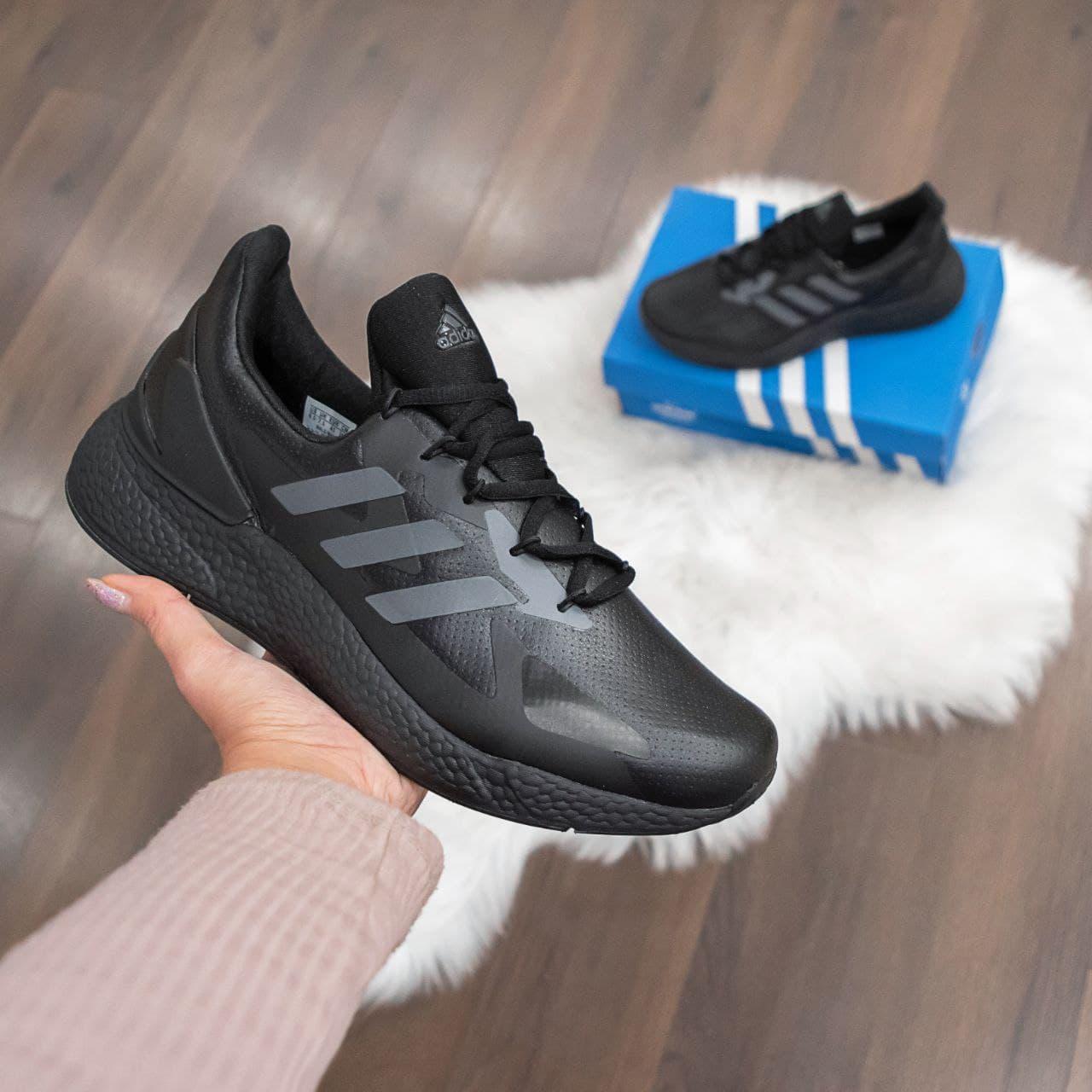 Мужские кроссовки Adidas черные с серыми полосками модные кожаные ...