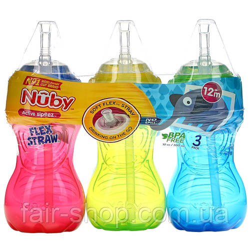 Nuby, No Spill Flex Straw Cups, 12+ M, 3 Pack, 10 oz (300 ml) Each - Оригинал (ID#1584116408 ...