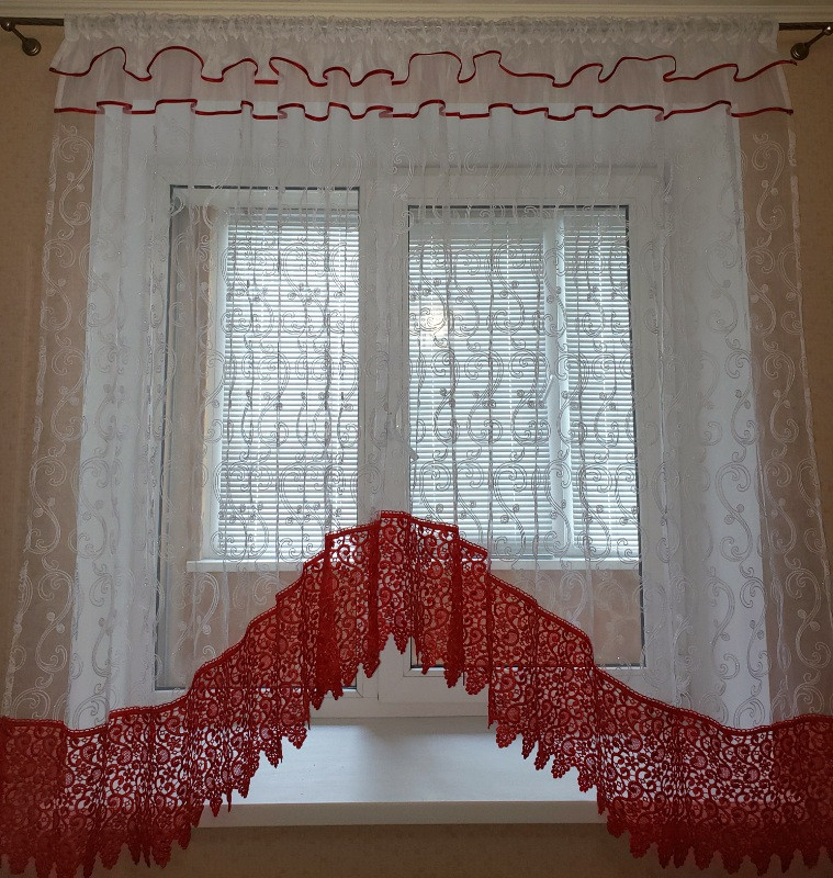 Тюль для кухни аркой готовая с кружевом фатин 3 м белый с красным ...