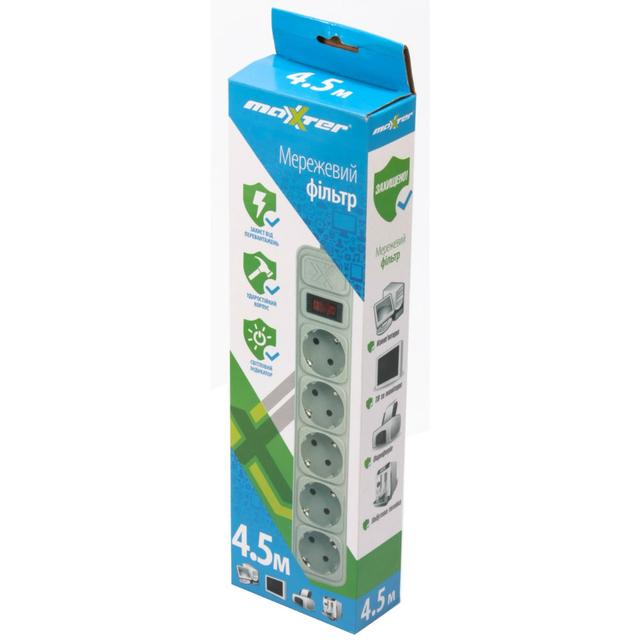 Удлинитель сетевой 4.5 метра MAXXTER на 5 розетки | 4500W, 10A, 4.5m ...