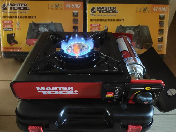Туристическая газовая горелка плитка с пьезоподжигом +кейс MasterTool 44-5102 с адаптером ...