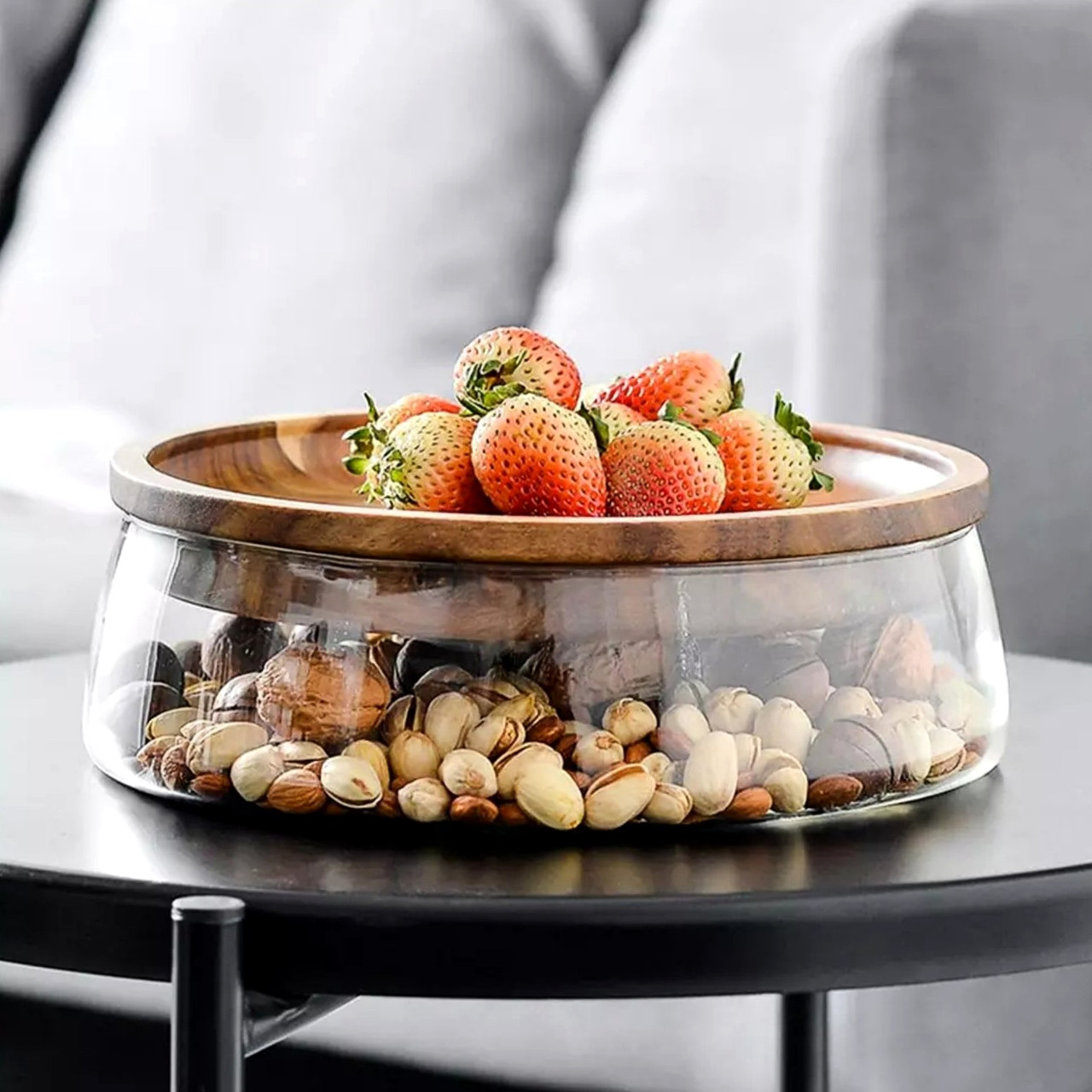 Скляна цукерниця з деревяною кришкою 24 см за вигідною ціною в інтернет магазині «Посуд Да