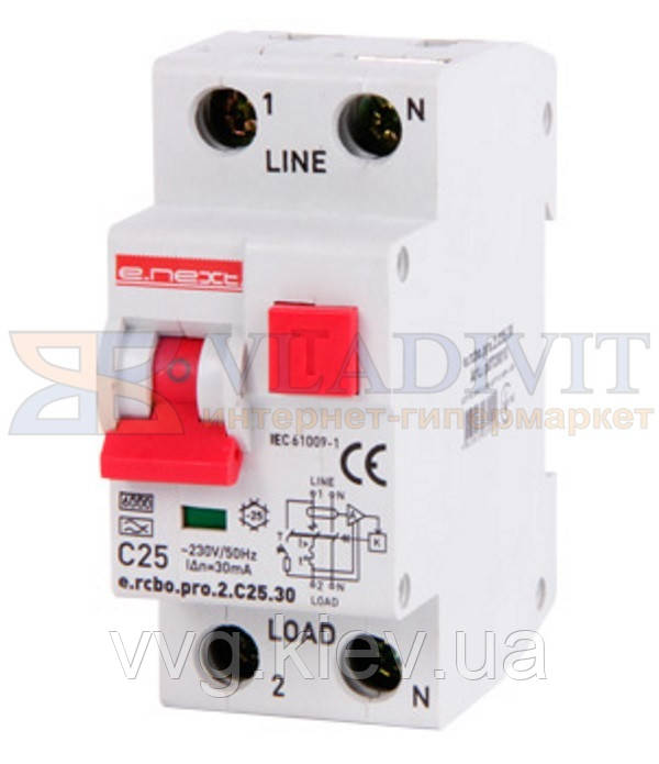 Дифавтомат з захистом від надструмів e.rcbo.pro.2.C25.30, 1P+N, 25А, С ...