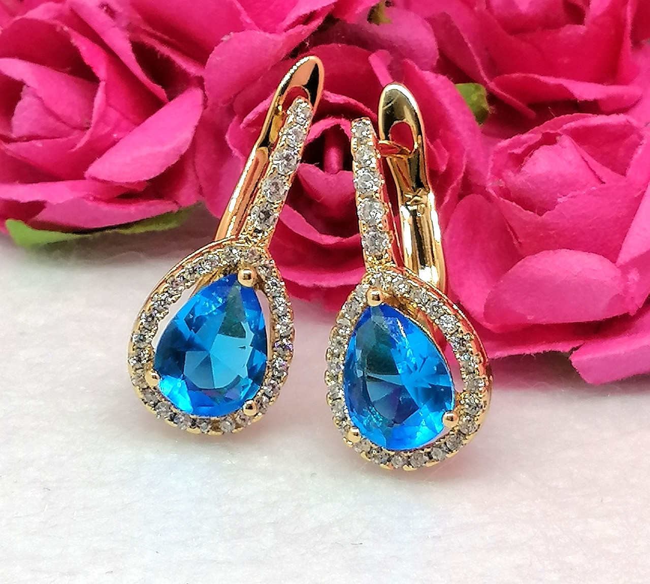 Купить Медицинское золото, красивые женские серьги с голубым камнем ...