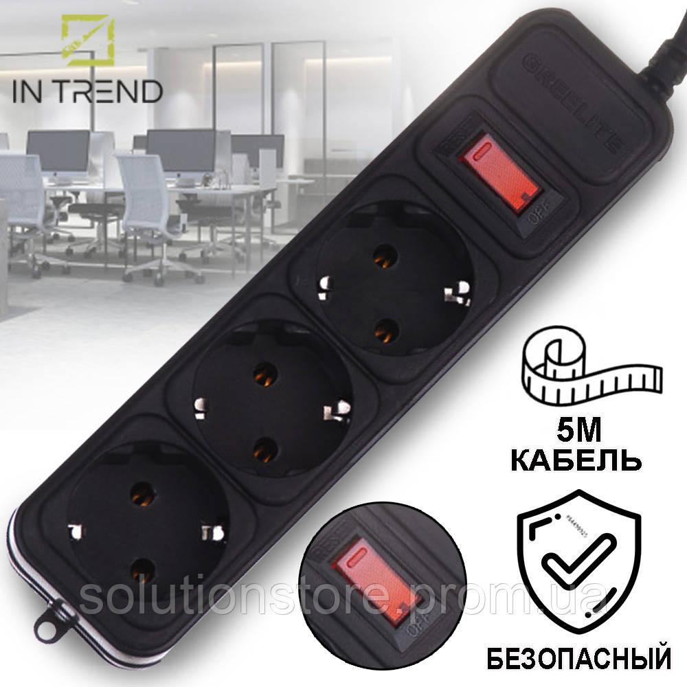 Сетевой фильтр Адаптер Greelite Чёрный с предохранителем на 3 розетки ...