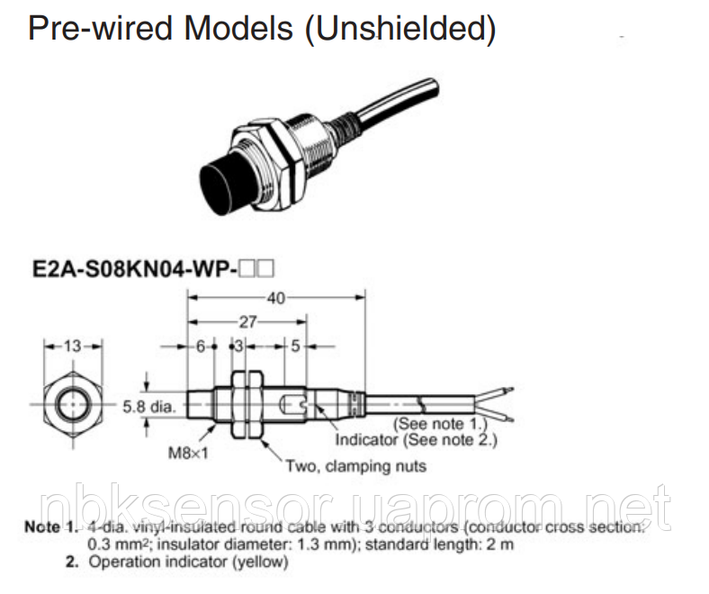 Датчик индуктивный M8, PNP/NO, Sn=4мм, 12-24VDC, провод 2м, E2A-S08KN04-WP-B1 2M OMRON, цена 953 ...