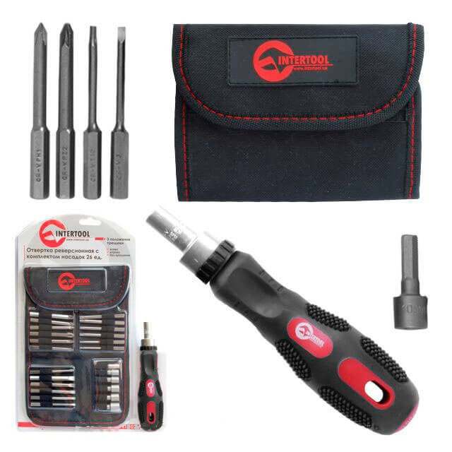 Купить Отвертка реверсивная с комплектом насадок 26 ед. INTERTOOL VT-1026 по цене 379 ...
