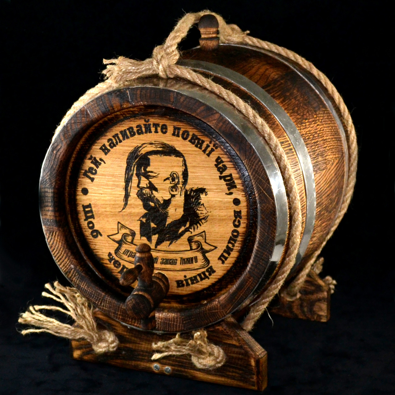 Дубова бочка 5 л під старовину з написом і канатної ручкою Колотий дуб Нержавіючі обручі