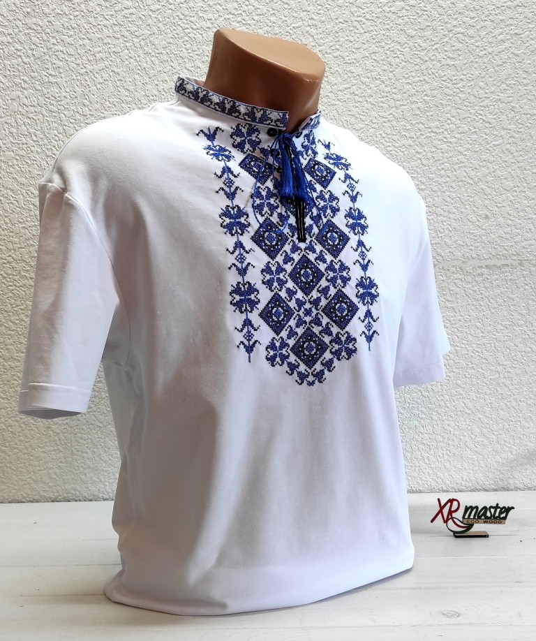 Футболка с вышивкой мужская Синие мотивы на белом, футболка вышивка ...