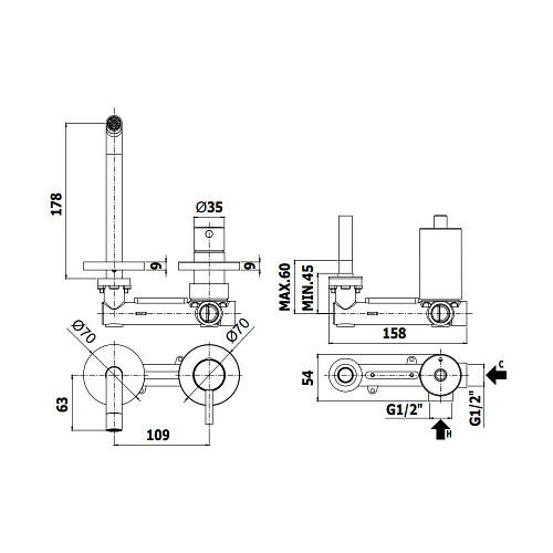 Cмеситель для умывальника настенного монтажа PAFFONI Light LIG105BO70 ...