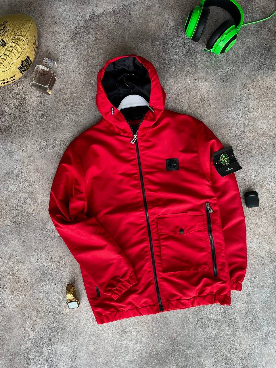 Купить Мужская Ветровка Stone Island с Капюшоном в Красном Цвете ...
