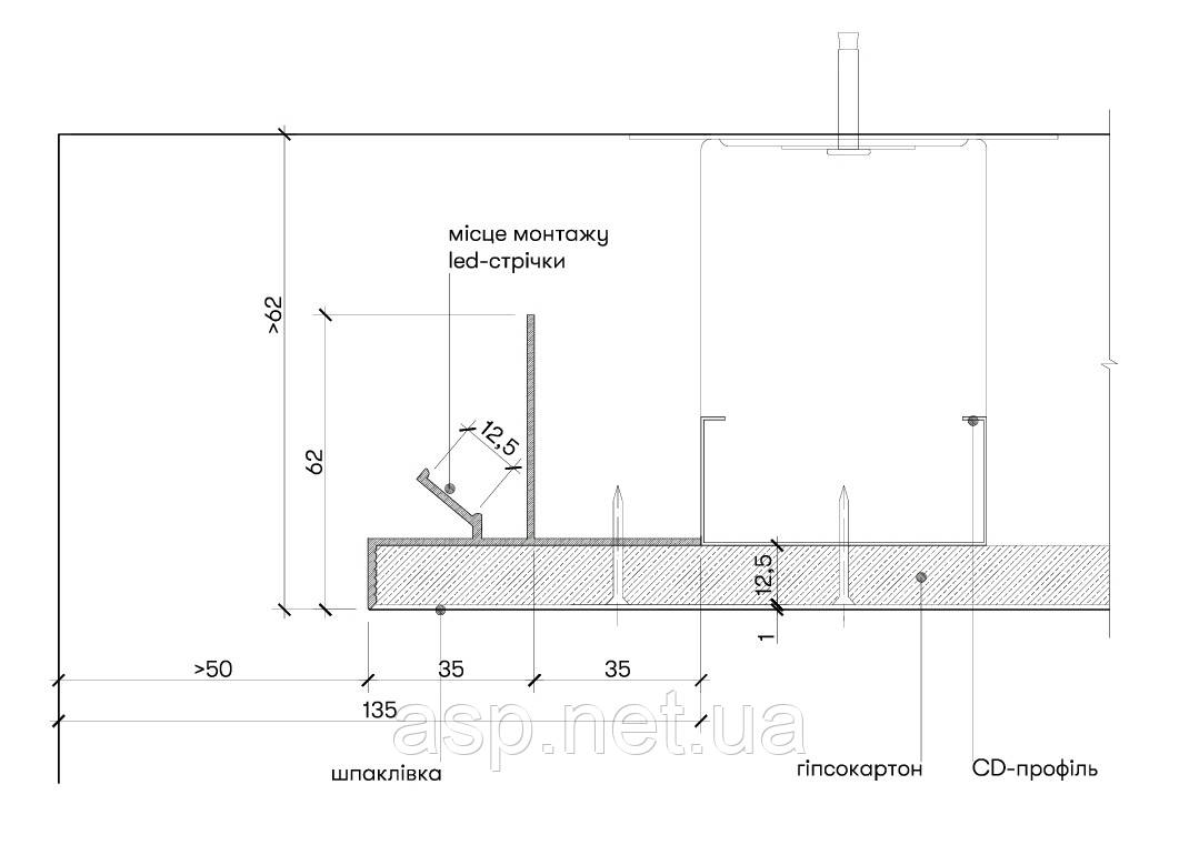 Профіль світлотіньового шва від 50 мм для Led підсвічування С 1 без покриття продаж ціна у