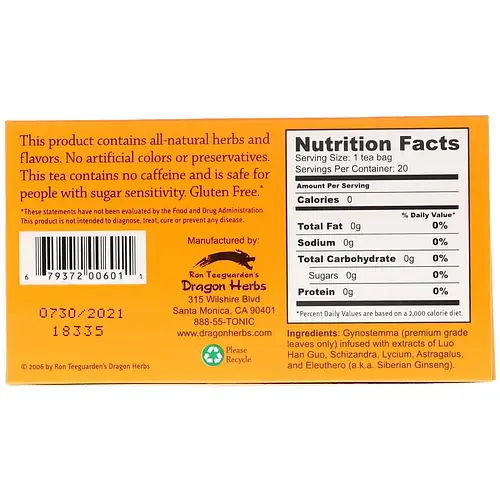 Dragon Herbs, Dragon Spring Longevity Tea, без кофеїну, 20 чайних ...