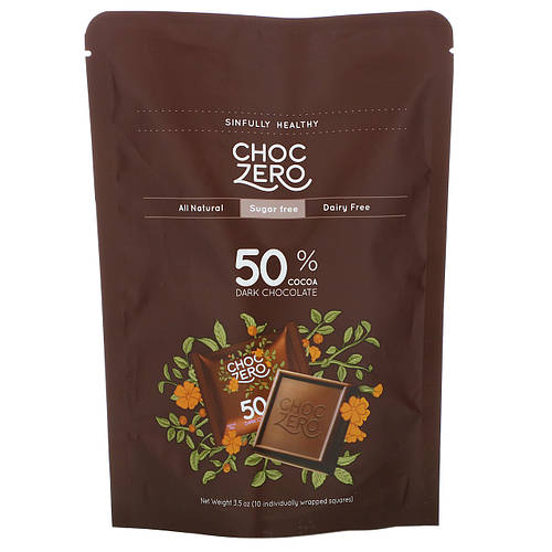 Купить ChocZero, порционный темный шоколад, 50% какао, без сахара, 10 ...