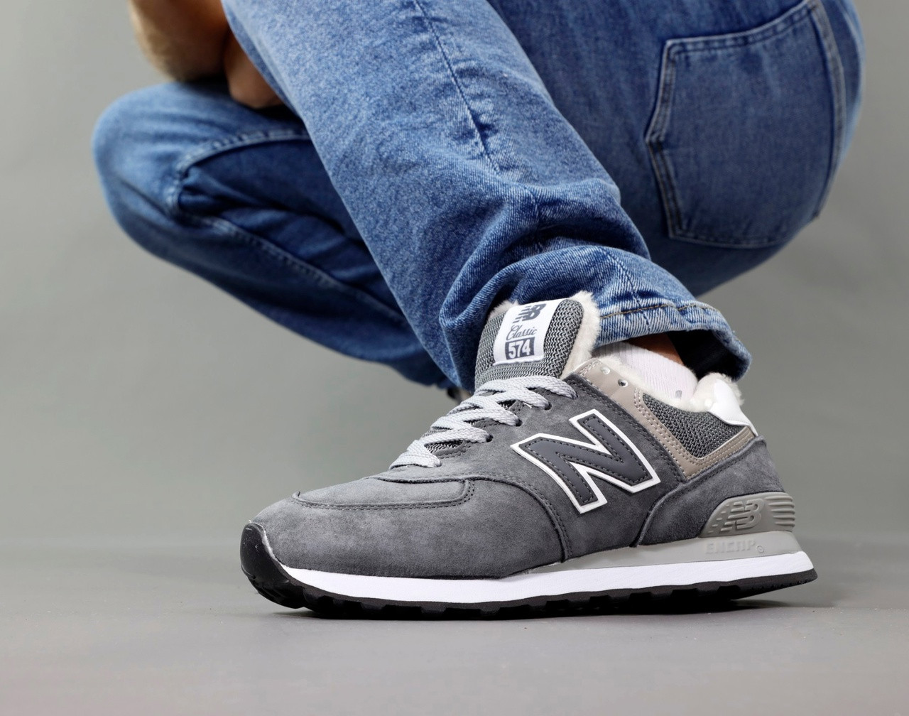 Мужские зимние кроссовки New Balance 574 Winter Gray, серые замшевые ...