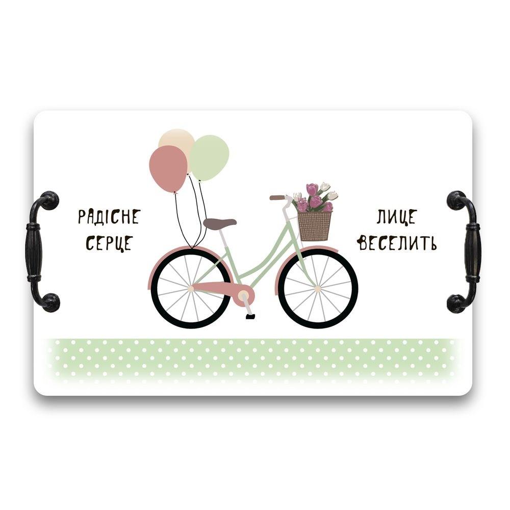 Деревяний прямокутний піднос таця з металевими ручками Радісне серце лице веселить 40х27 см