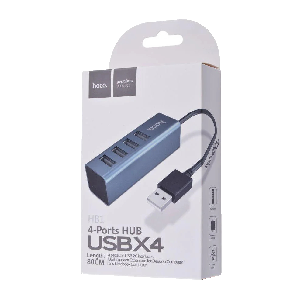 Переходник HUB Hoco HB1 USB To USB 2.0 (4 Port) (1m) (Silver) / USB-Хаб ...
