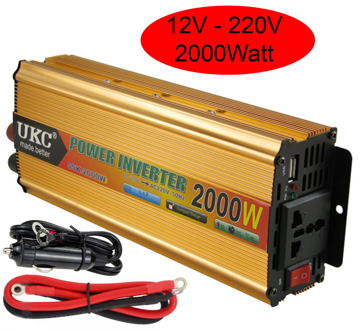 Інвертор 12V-220 "UKC 2000W", перетворювач напруги 12V-220V (1USB, 1 розетка, потужність 2000Вт ...