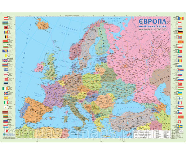 Политическая Карта Европы 65х45см М1:10 000 000 Ламинированный Картон ...