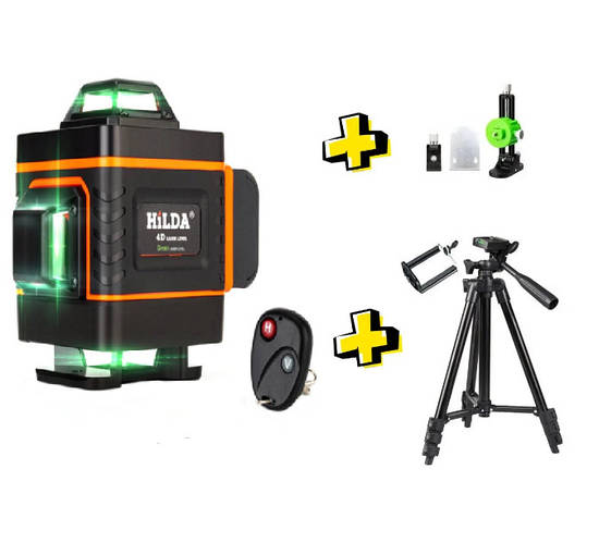 Лазерный нивелир Hilda 4D 16 линий +ПУЛЬТ+экран с уровнем заряда+штатив ...