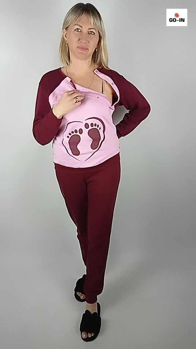 Теплая пижама женская с начесом бордовая для беременных и кормящих мам ...