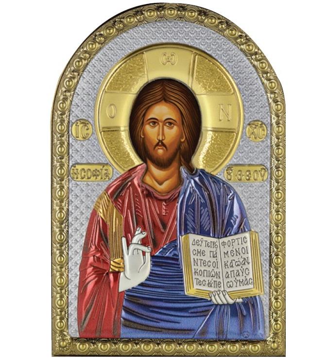 Ікона Спаситель Ісус Христос 5х7см срібна на пластику покрита ємалью ...
