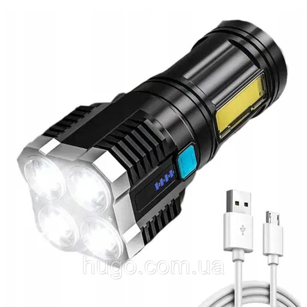 Ручний акумуляторний USB ліхтар X509 4LED із зарядкою від USB + бічним світлом COB / Ліхтар на ...