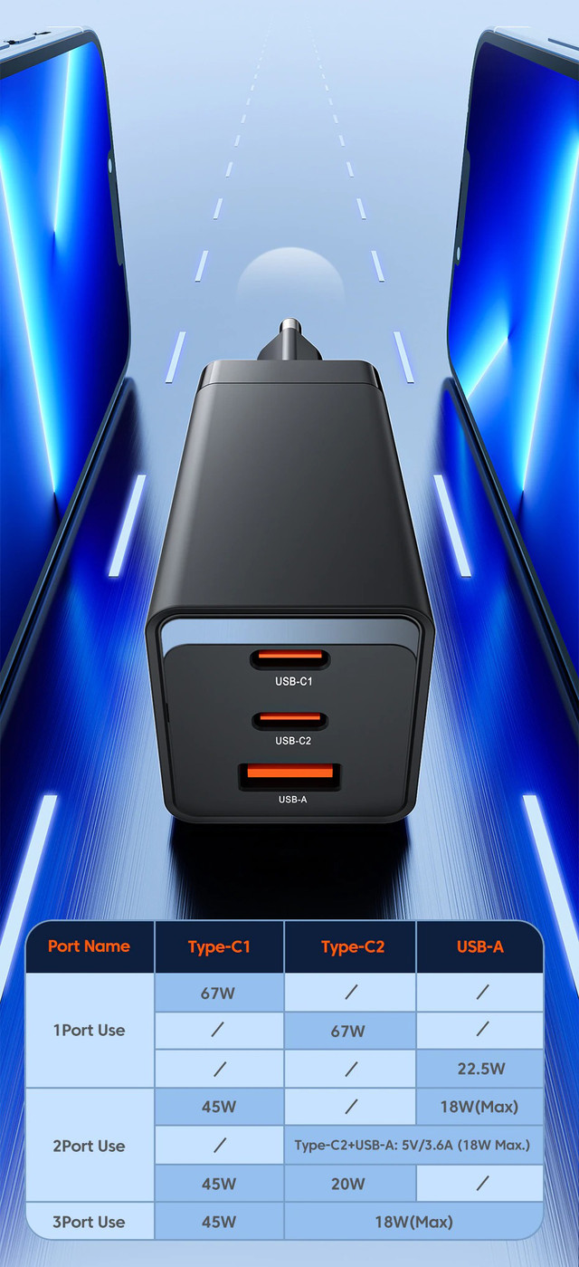 Мережевий зарядний пристрій Toocki GaN 67W 1USB + 2Type-C (P067AU01A2C0 ...