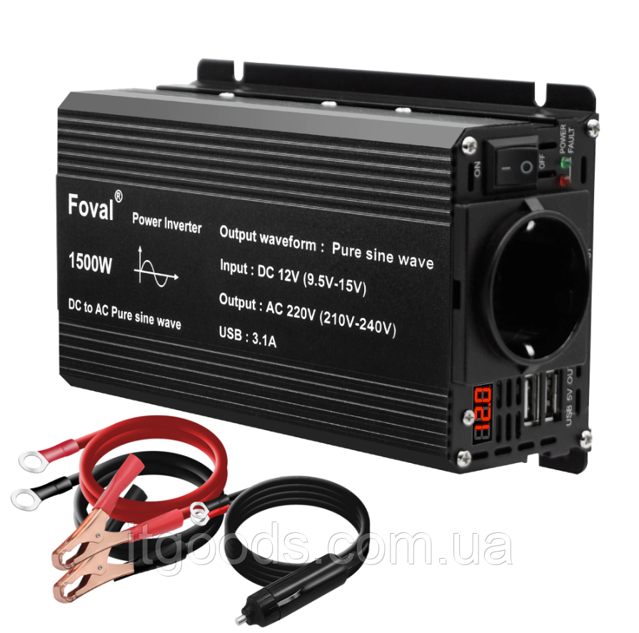 Інвертор напруги правильної синусоїди Foval 12V/220V 1500W/750W - 50Hz для котлів ...