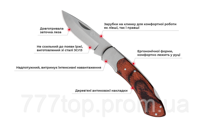 Ніж складаний держак із дерев'яними вставками. INTERTOOL HT-0594 довжина 181 мм, ціна 448 грн ...