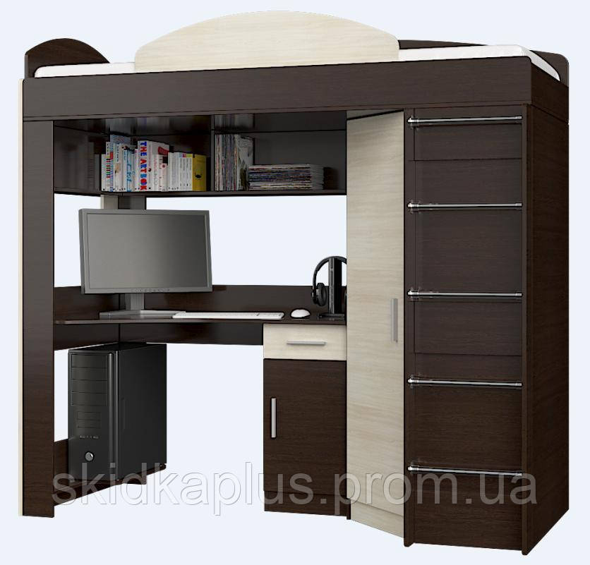 Кровать-чердак со Столом и Шкафом Эверест Венге Темный + Дуб Молочный ...