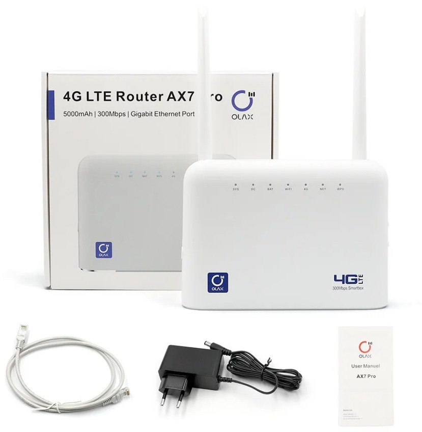 Olax AX7 Pro 3G/4G LTE стаціонарний роутер з антенами 2*5dBi + акумулятор 5000 мА·год, Ethernet ...