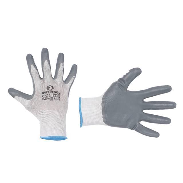 Перчатка Белая Вязанная Синтетическая, Покрытая Серым Нитрилом на Ладони 10 INTERTOOL SP-0112 ...