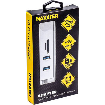 Концентратор Maxxter USB to Gigabit Ethernet, 2 Ports USB 3.0 + microSD/TF card r (NECH-2P-SD-01 ...