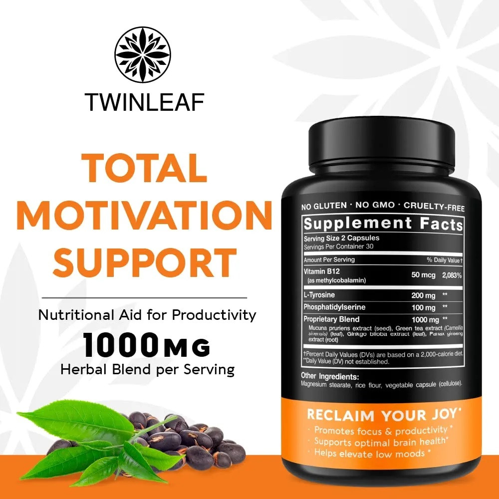 Дофамін, для мозку TwinLeaf Dopamine Booster 1000 мг на порцію (L-Tyrosine & B-12) 60 капсул ...
