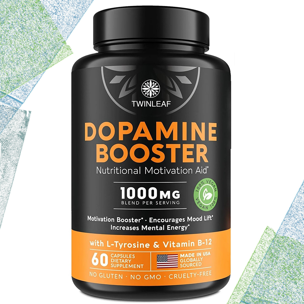 Дофамін, для мозку TwinLeaf Dopamine Booster 1000 мг на порцію (L-Tyrosine & B-12) 60 капсул ...