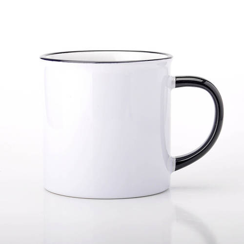Чашка сублімаційна біла емальована кольоровий обідок і ручка (чорний ...