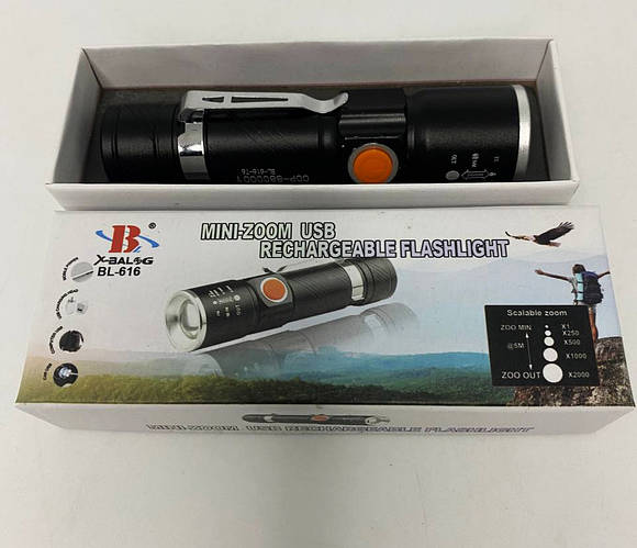 Ручной фонарик X-Balog противоударный, влагостойкий с зарядкой USB Тактический фонарь POLICE BL ...