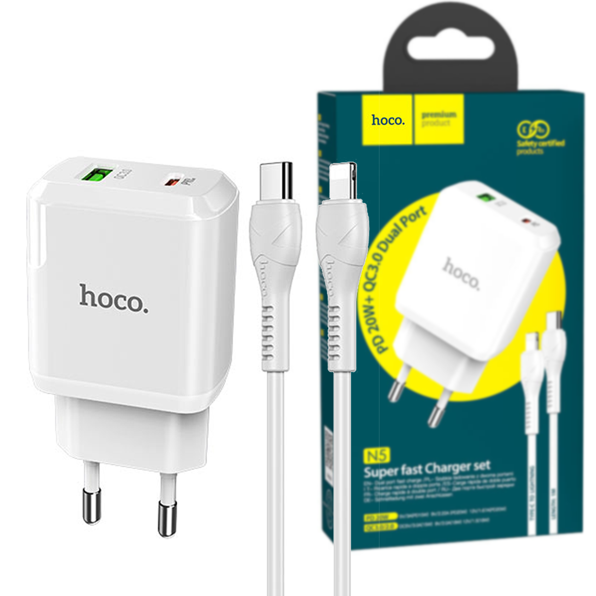 Быстрая зарядка 20W HOCO N5 Favor 1xUSB / 1xType-C с кабелем Type-C to Apple Lightning White ...