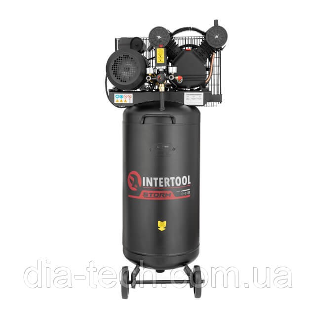 Компресор 100 л, вертикальний, 3 кВт, 220 В, 10 aтм, 500 л/хв. 2 циліндри INTERTOOL PT-0017 ...