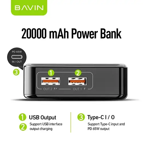 Power Bank BAVIN PC036 20000 мАч для ноутбука повербанк с быстрой зарядкой павербанк 65 W ...