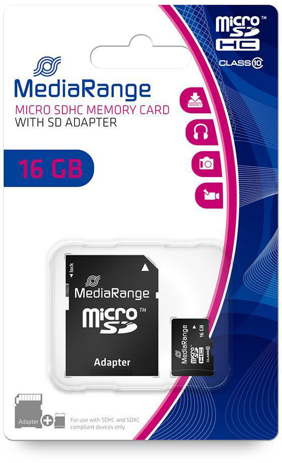 Карта Памяти MediaRange MicroSDHC 16GB Class 10 + Адаптер SD (MR958 ...