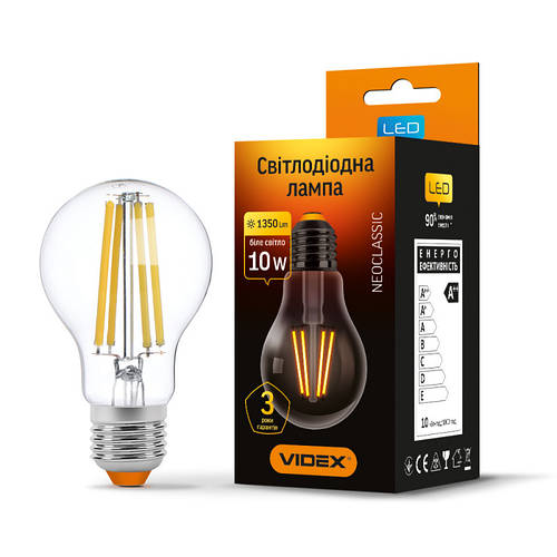 LED лампа VIDEX Filament A60F 10W E27 4100K, цена 136 грн — Prom.ua (ID#1761983160)