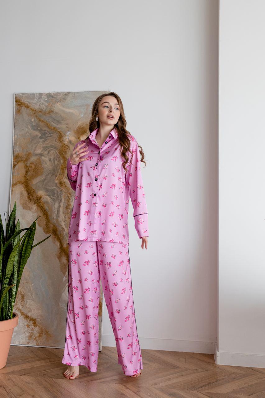 Женская Шелковая Пижама в Цветочный Принт Брюки Рубашка на Пуговицах и ...