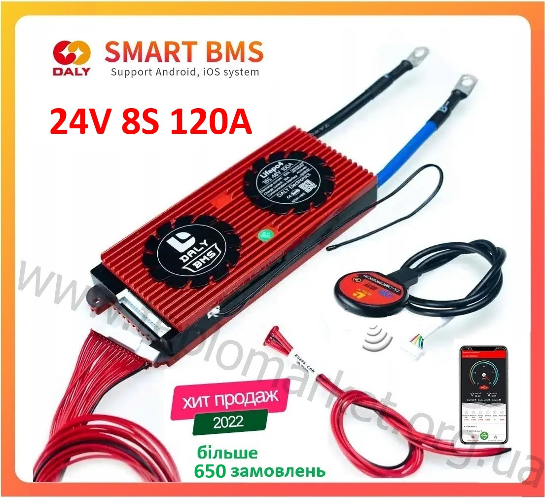 BMS smart плата DaLy для LiFePO4 аккумуляторов 24V 8S 120A симметрия с Bluetooth (bms контроллер ...