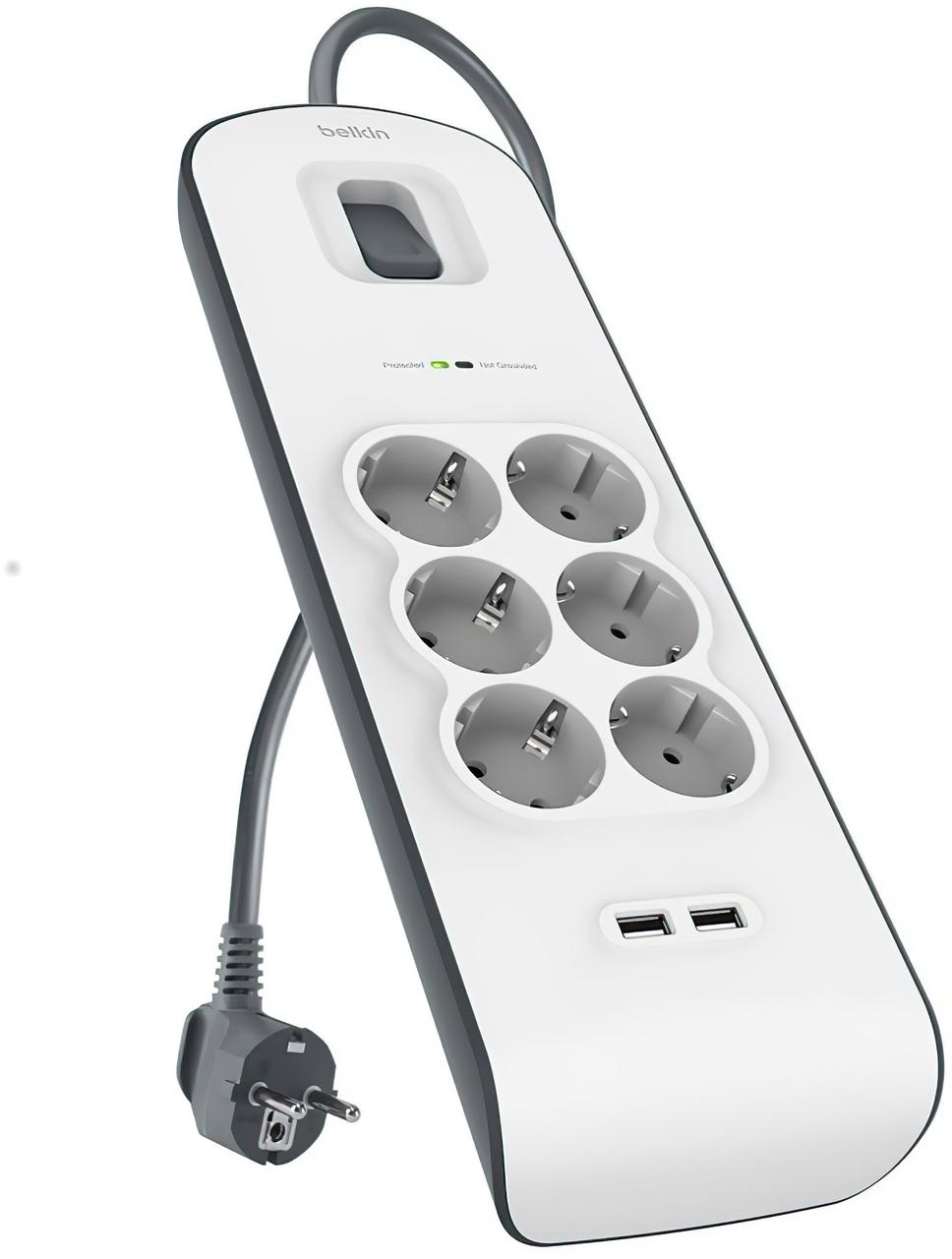 Сетевой Фильтр с Защитой Удлинитель 2м, 6 Розеток+2xUSB Belkin ...