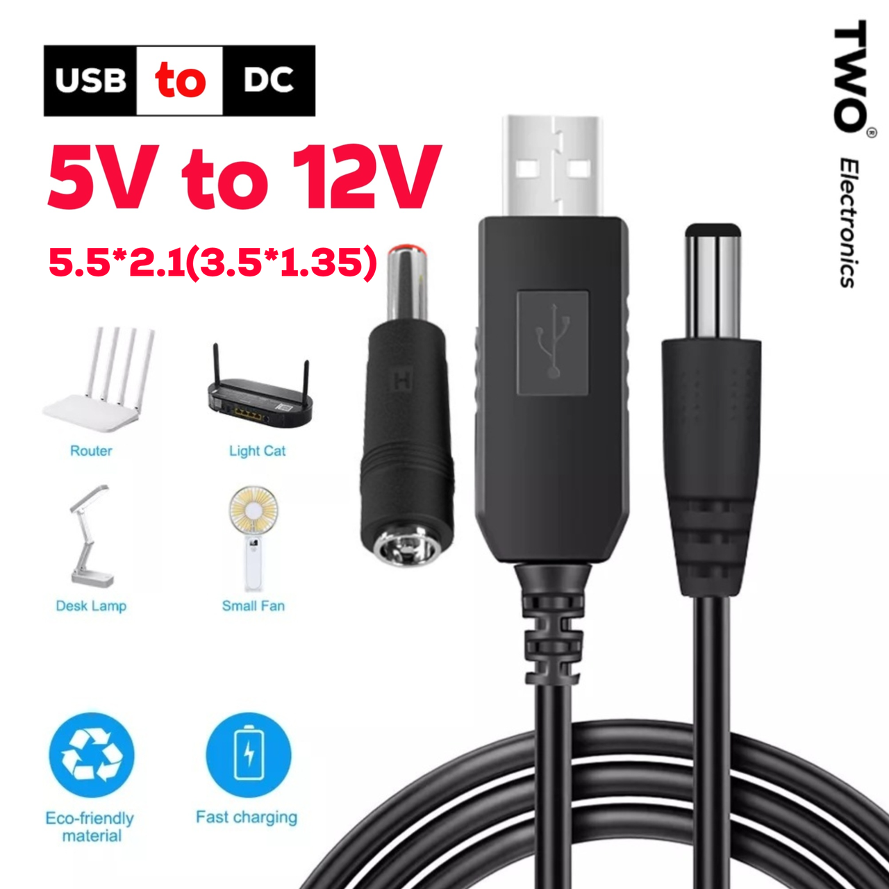 Кабель питания USB to DC 12V 5.5x2.1 с переходникон 3.5х1.35 для ...