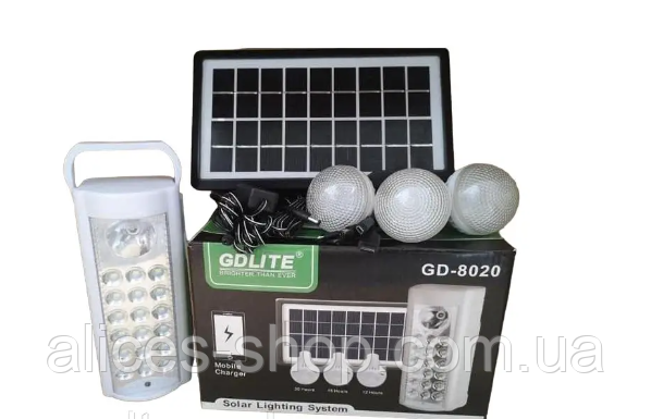 Купити Портативна сонячна станція GDLITE GD-8020 Ліхтар з 3 лампочками функція Power Bank, ціна ...