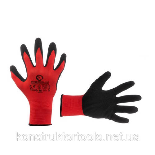Рукавичка червона в'язана синтетична, вкрита сірим нітрилом на долоні 10" INTERTOOL SP-0127 (ID ...