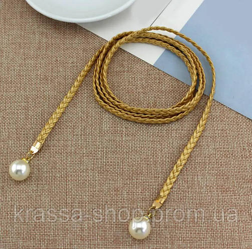 Шкіряний плетений ремінь жіночий/тоненький ремінець із перлинами 150 см ...